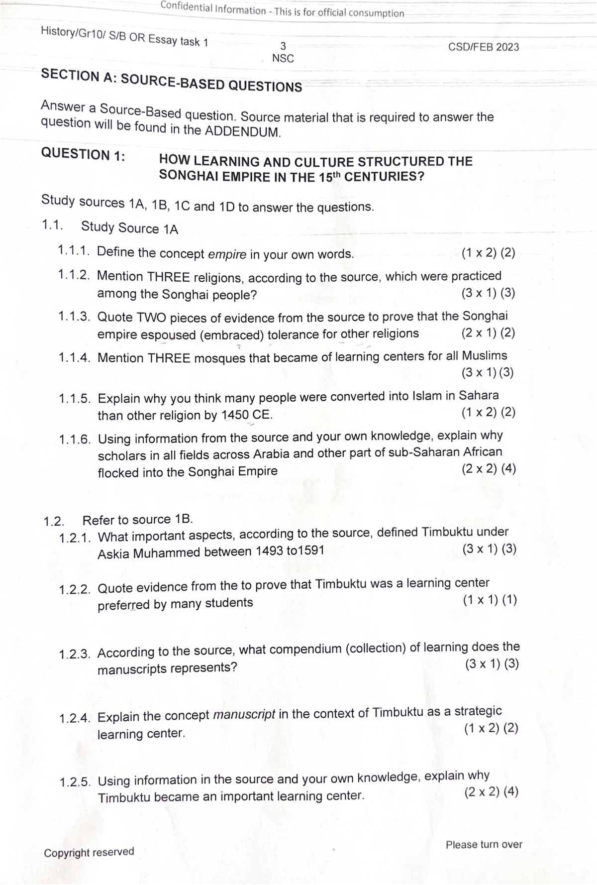 Songai question paper grade 10 - Confidential Information This is for ...