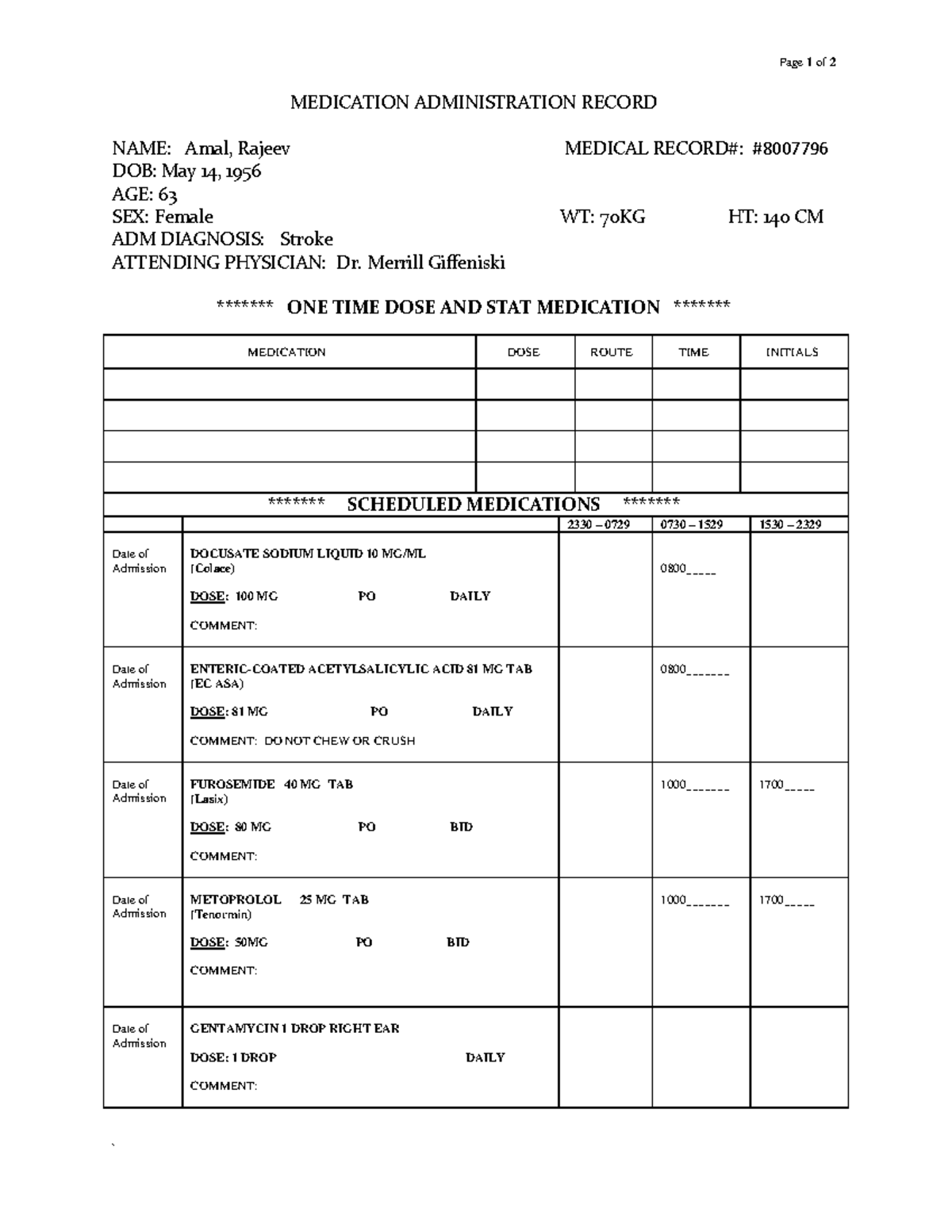 Sample MAR - NUR - Page 1 of 2 MEDICATION ADMINISTRATION RECORD NAME ...