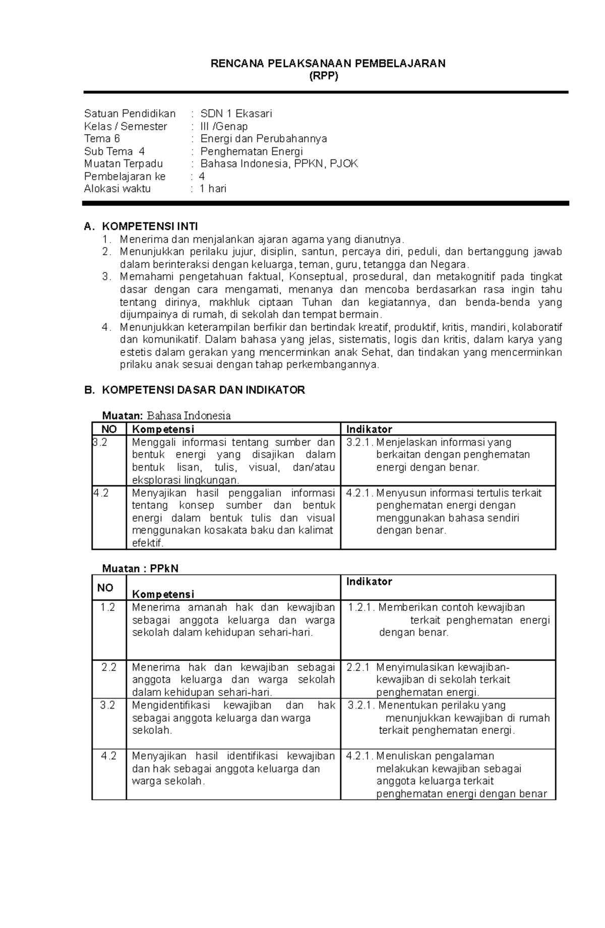 P4 Kelas 3 Tema 6 Sub 4 - rpp - RENCANA PELAKSANAAN PEMBELAJARAN (RPP) Satuan Pendidikan : SDN 1 ...