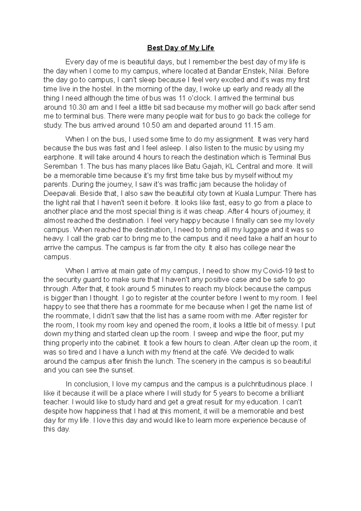 Best Day of My Life - ENGLISH ESSAY - Best Day of My Life Every day of ...