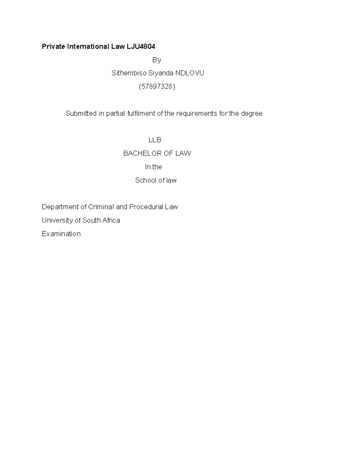 Private International Law LJU4804 - Private International Law LJU By Sithembiso Siyanda NDLOVU ...