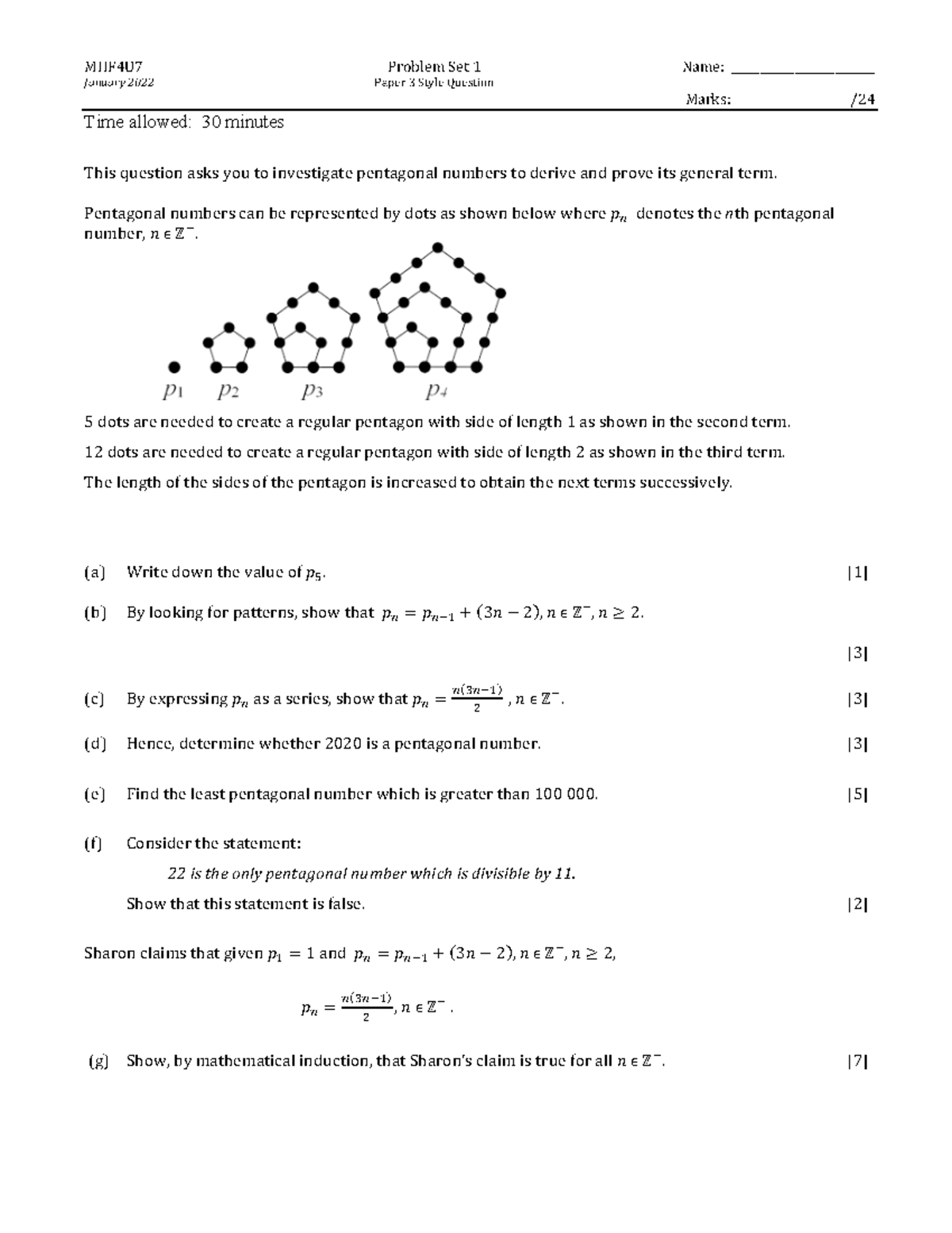 MHF4U7 P3 Problem Set 1 2022 Jan - Pentagonal Numbers - MHF4U7 Problem ...