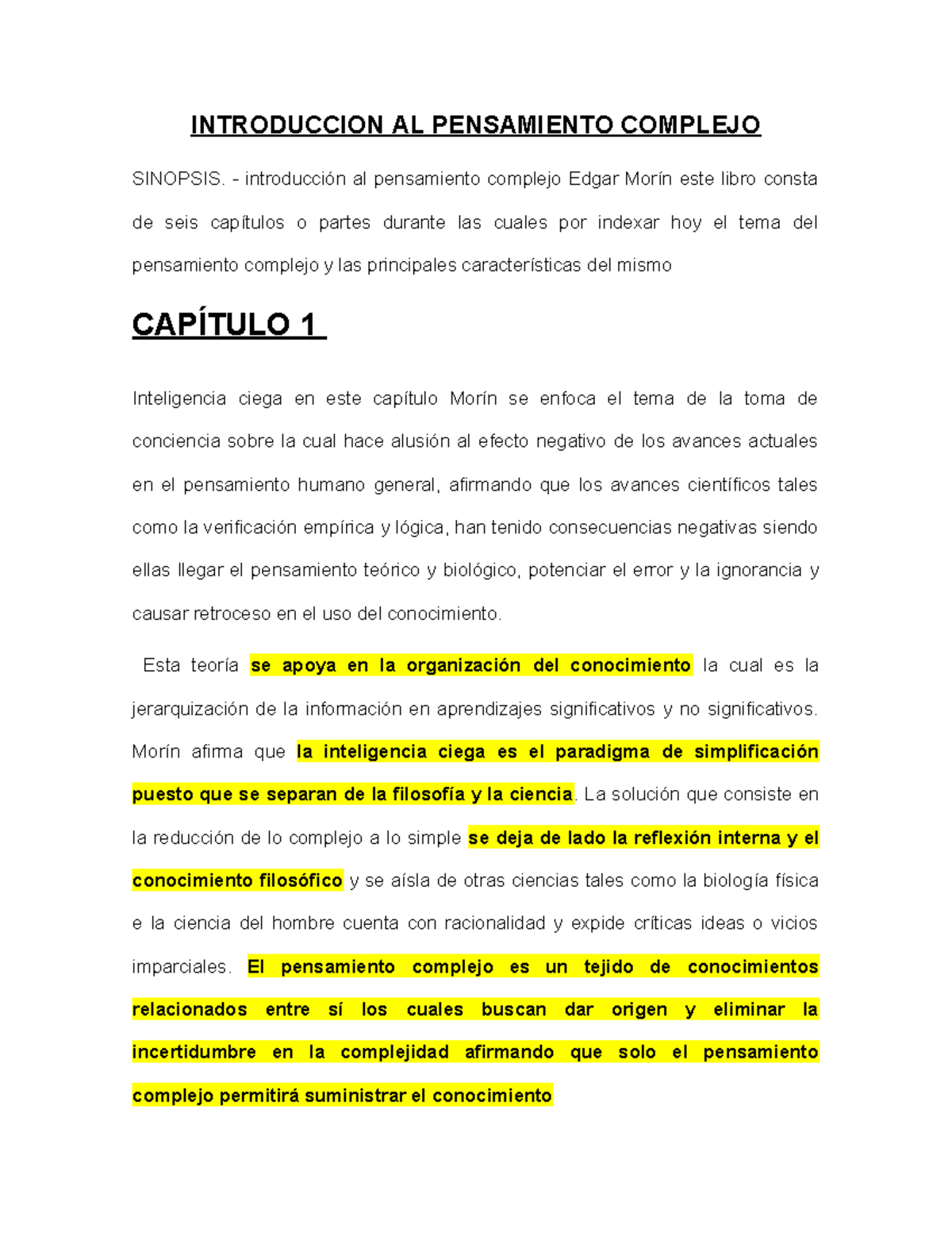 Resumen Morin - INTRODUCCION AL PENSAMIENTO COMPLEJO SINOPSIS. - introducción al pensamiento ...