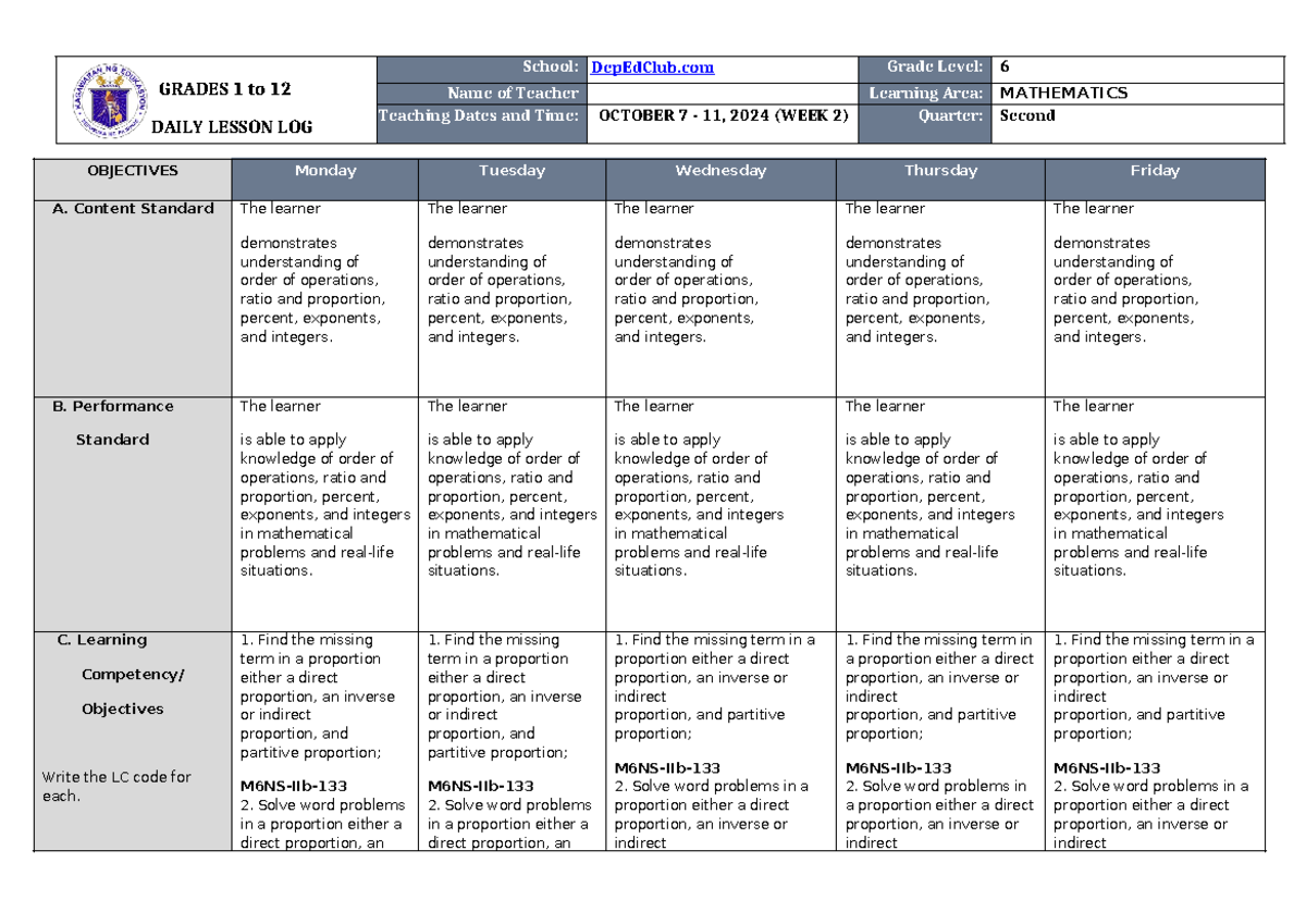 DLL Mathematics 6 Q2 W2 - MTH - GRADES 1 to 12 DAILY LESSON LOG School ...