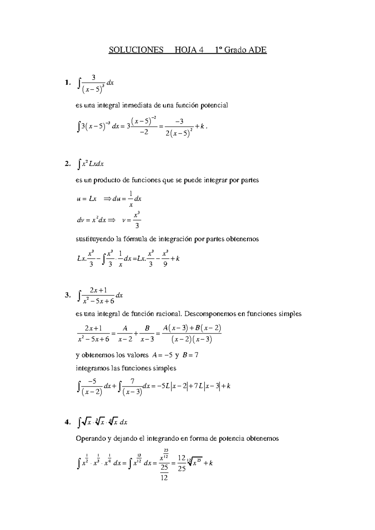 Soluciones Integrales Indefinidas - SOLUCIONES HOJA 4 1º Grado ADE 1 ...