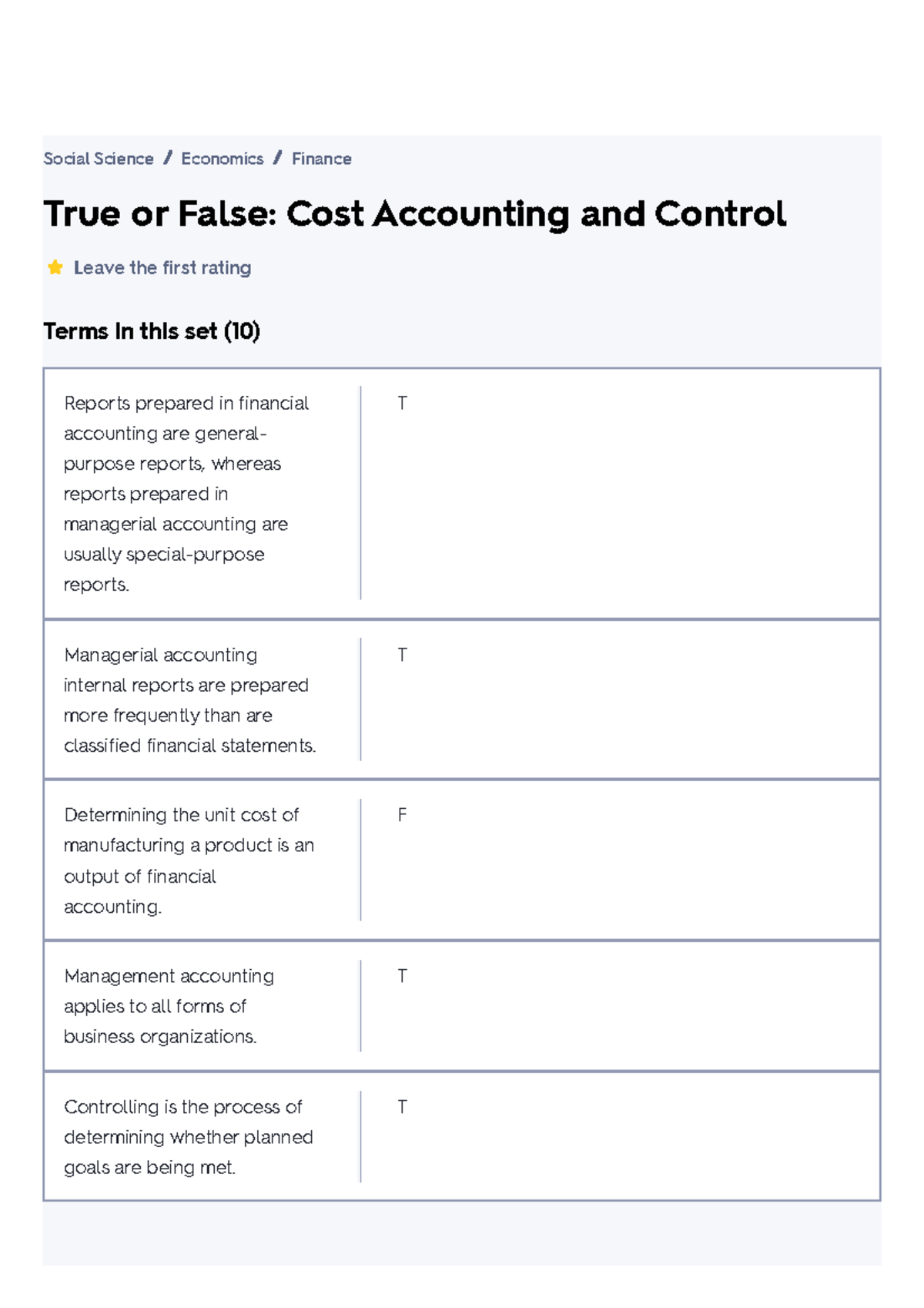 True or False Cost Accounting and Control Flashcards - True or False ...
