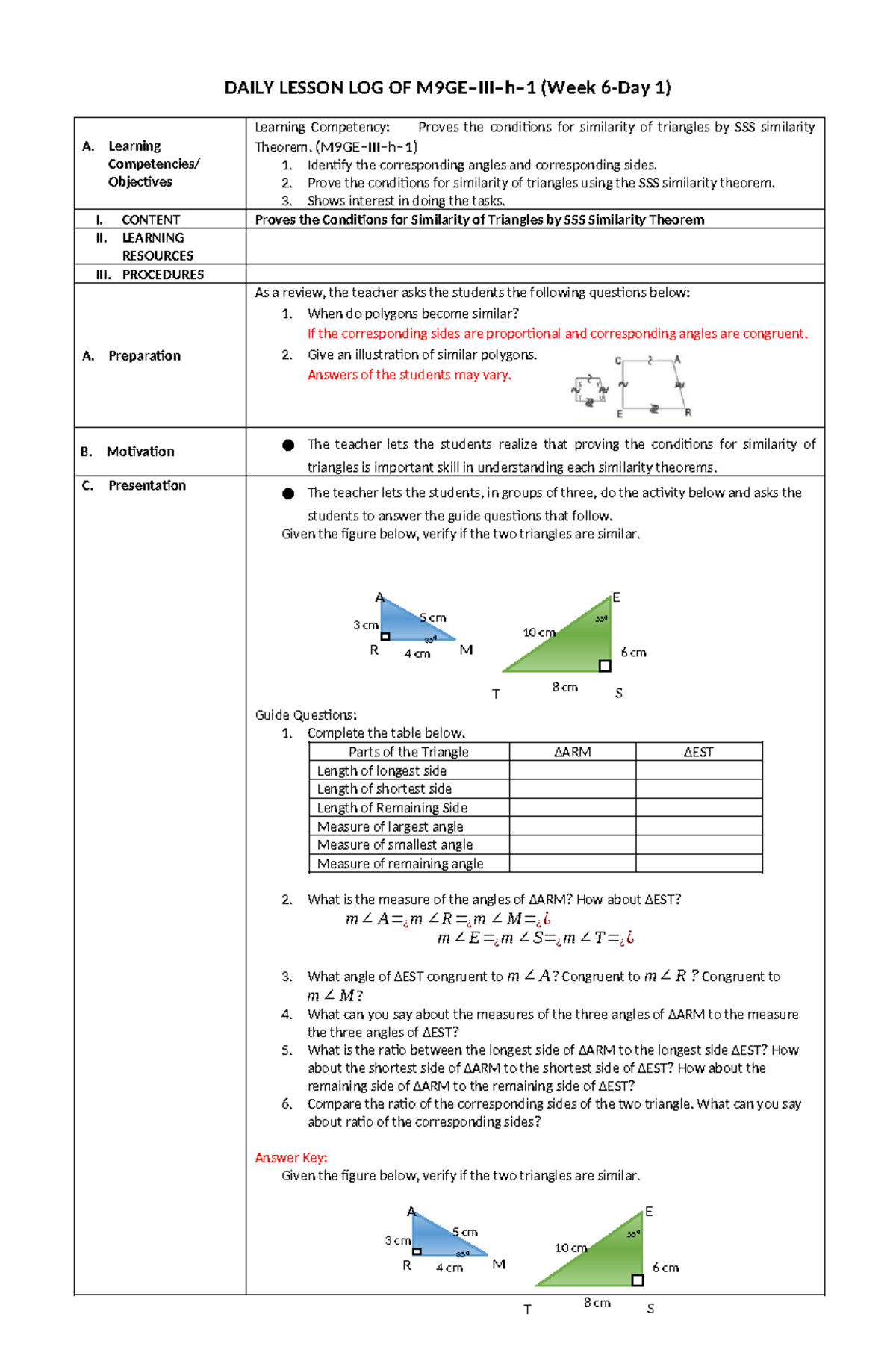G9 Math Q3 W6 D1 - E E DAILY LESSON LOG OF M9GE–III–h–1 (Week 6-Day 1) A. Learning Competencies ...