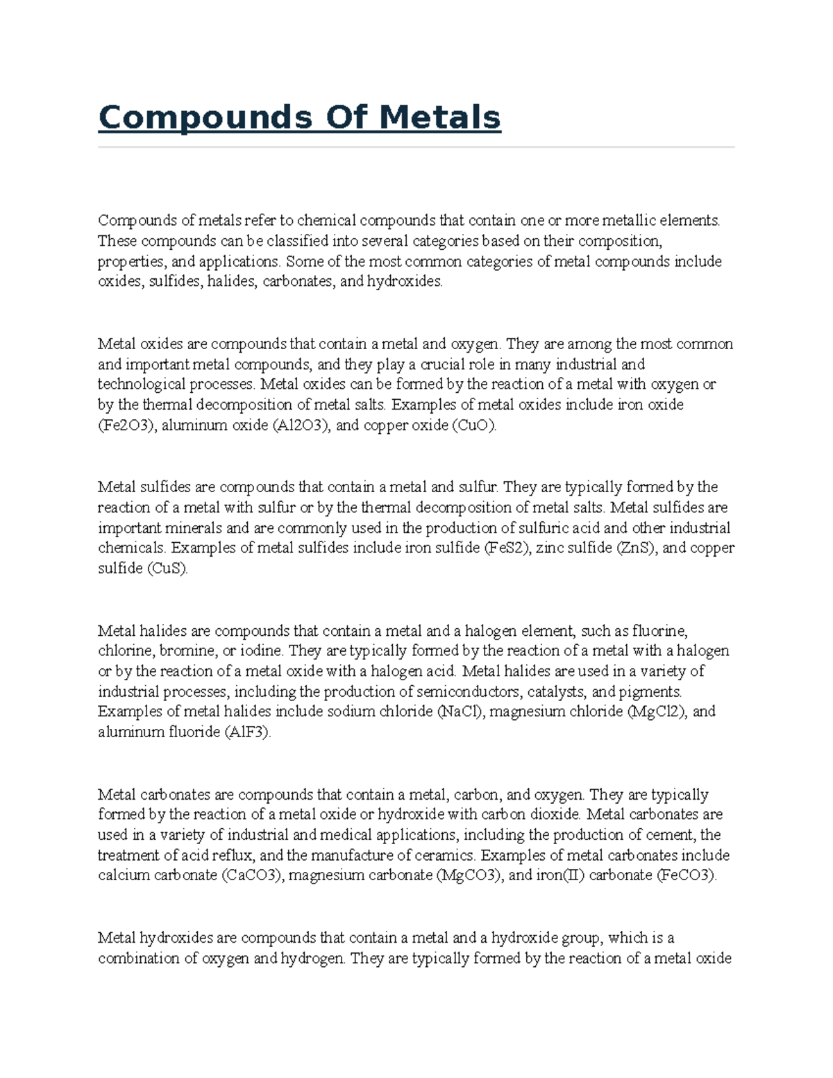 Compounds Of Metals - Compounds Of Metals Compounds of metals refer to ...