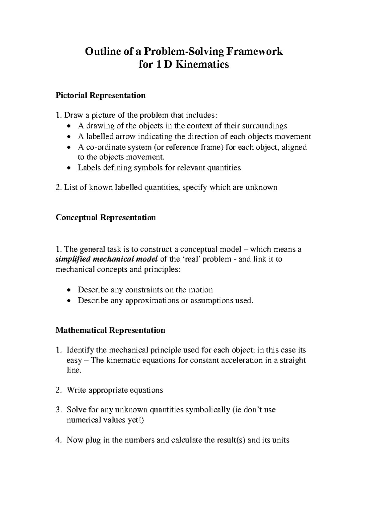 1DKinematics - 1D Kinematics Framework - Outline of a Problem-Solving ...