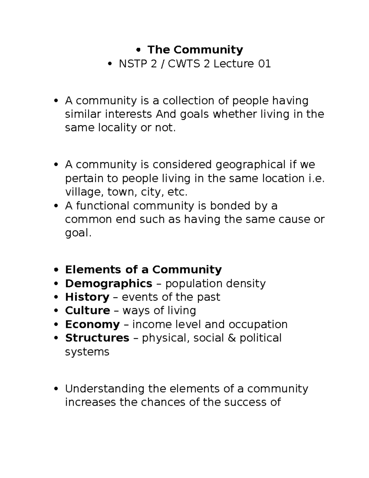 · The Community · NSTP 2 CWTS 2 Lecture 01 - The Community NSTP 2 ...