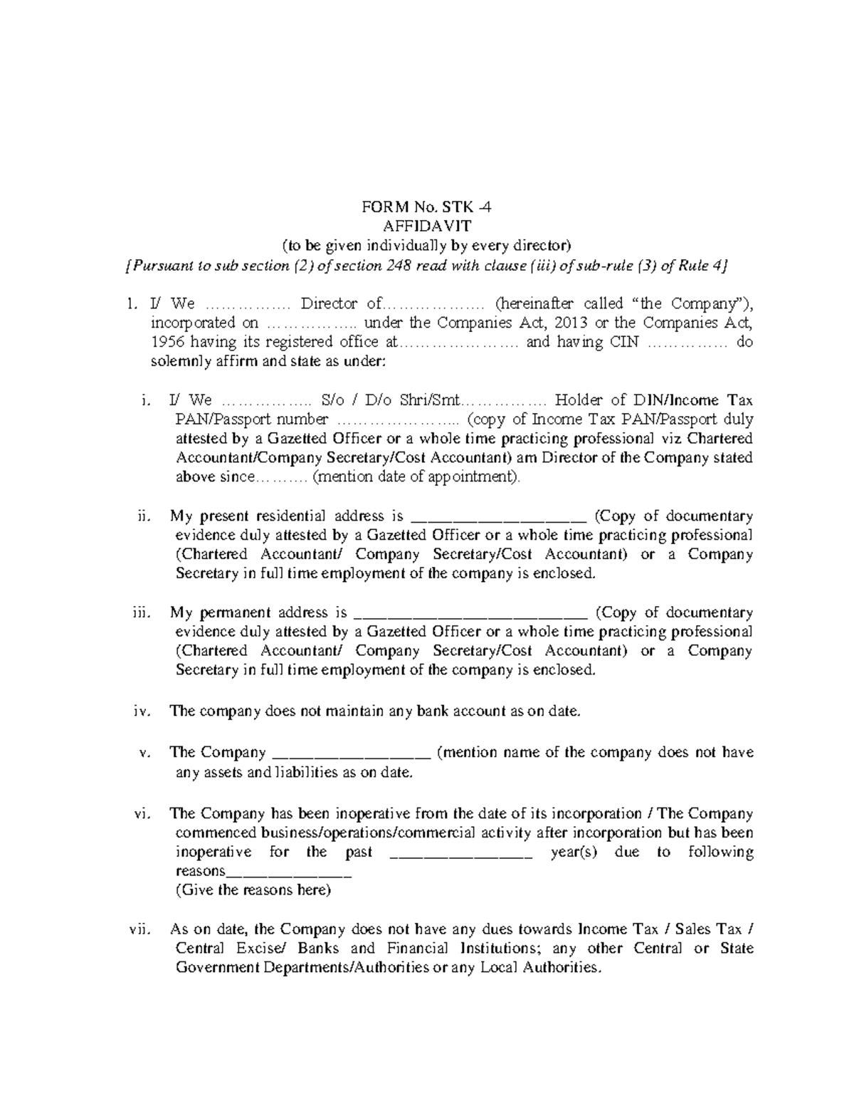 Draft Affidavit - FORM No. STK - 4 AFFIDAVIT (to be given individually ...
