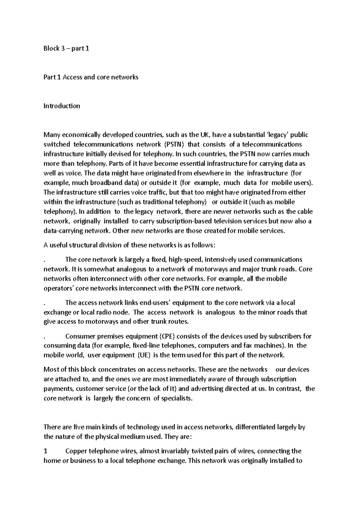 Block 3 - part 1 - intro, 1 - Block 3 – part 1 Part 1 Access and core ...