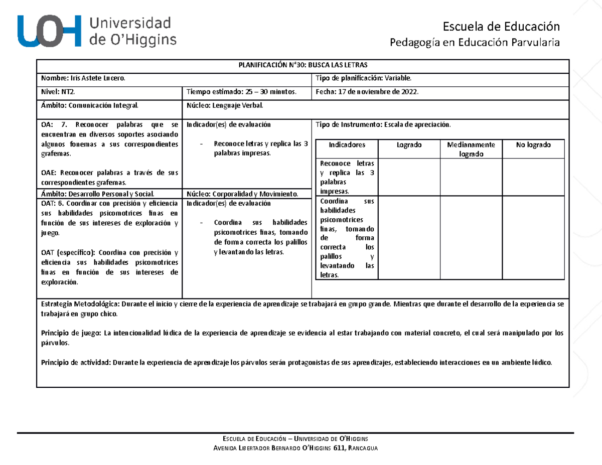 Planificación N°30 Busca las letras - Escuela de Educación Pedagogía en ...