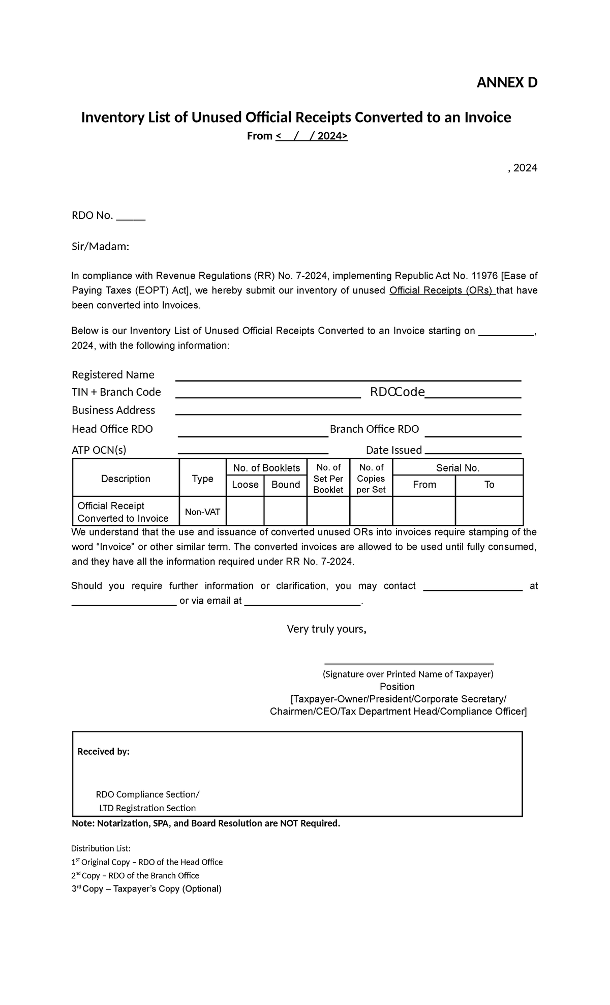 BIR Inventory Report of Unused Official Receipts Converted to an ...