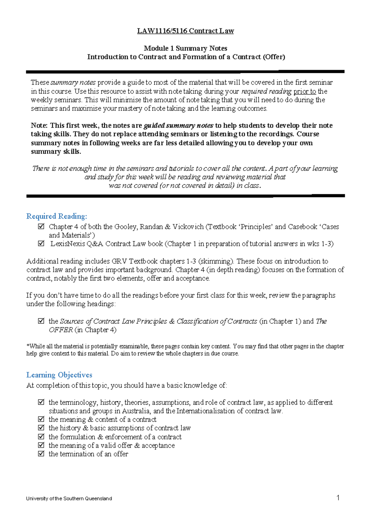 Module 1 Summary Notes - LAW1116/5116 Contract Law Module 1 Summary ...