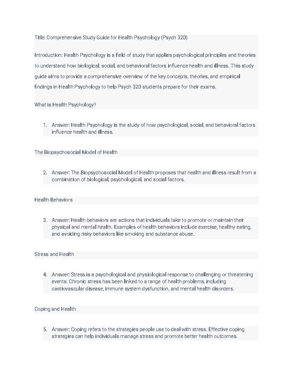 Title Comprehensive Study Guide for Health Psychology (Psych 320 ...