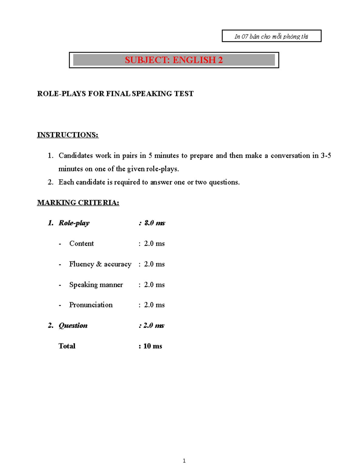 Flowchart Anh 2-K - good luck - ROLE-PLAYS FOR FINAL SPEAKING TEST ...