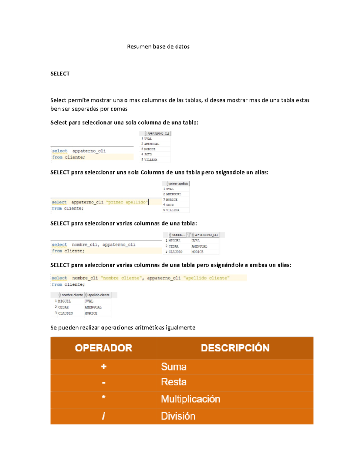 Resumen base de datos 2 - lo mismo - Resumen base de datos SELECT ...