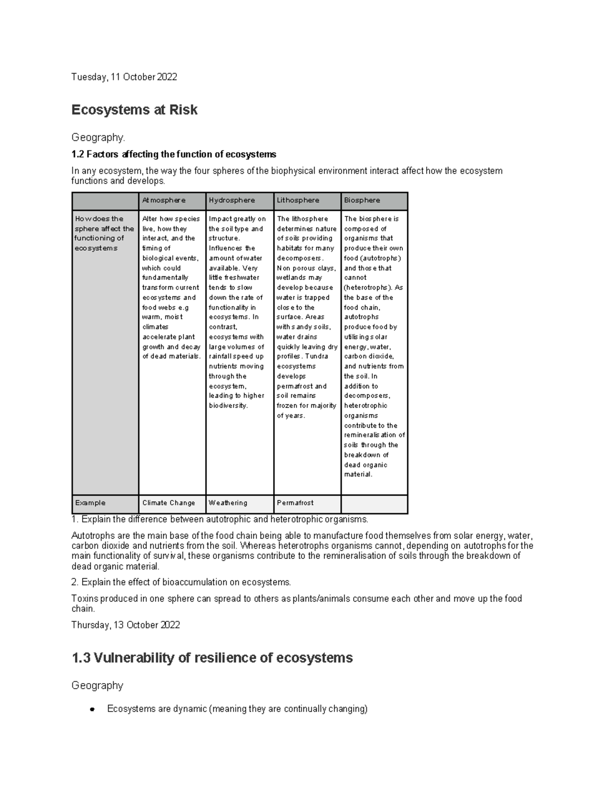Study notes - Tuesday, 11 October 2022 Ecosystems at Risk Geography. 1 ...