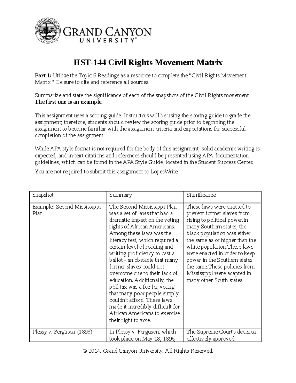 HIS144 Civil Rights Movement Matrix - HST-144 Civil Rights Movement ...