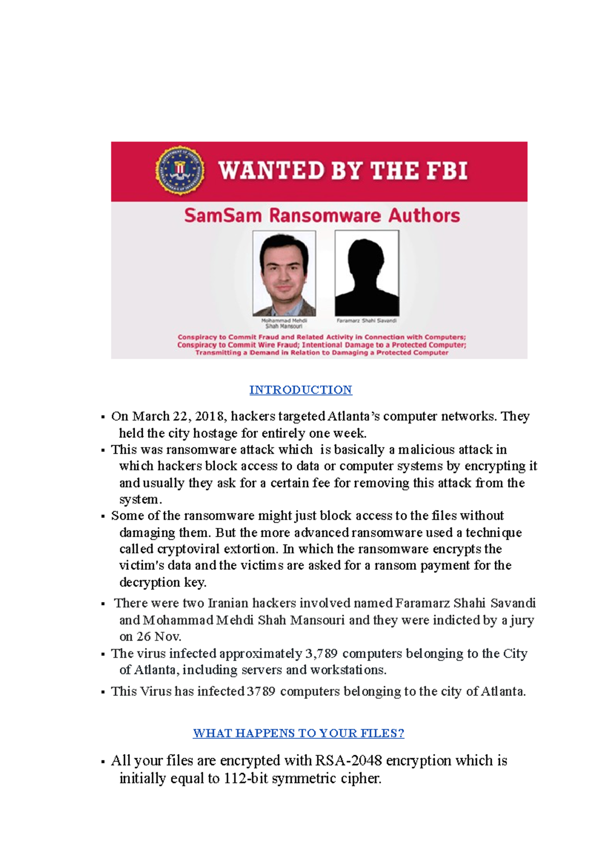 City of Atlanta Ransomware Attack - INTRODUCTION On March 22, 2018 ...