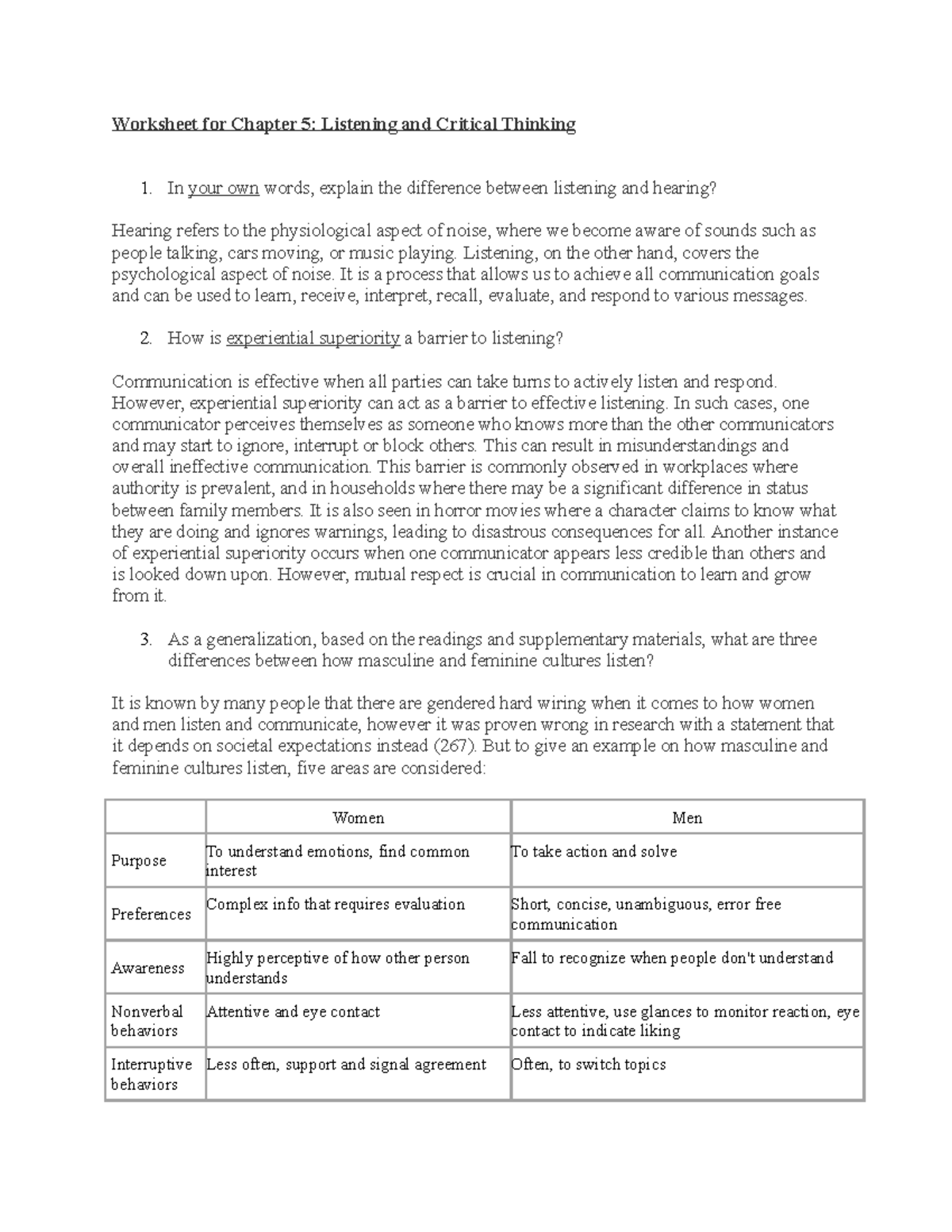 Chapter 5 Worksheet - Worksheet for Chapter 5: Listening and Critical ...