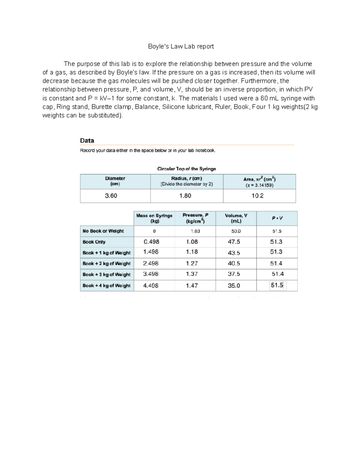 Boyle's Law Lab report - If the pressure on a gas is increased, then ...