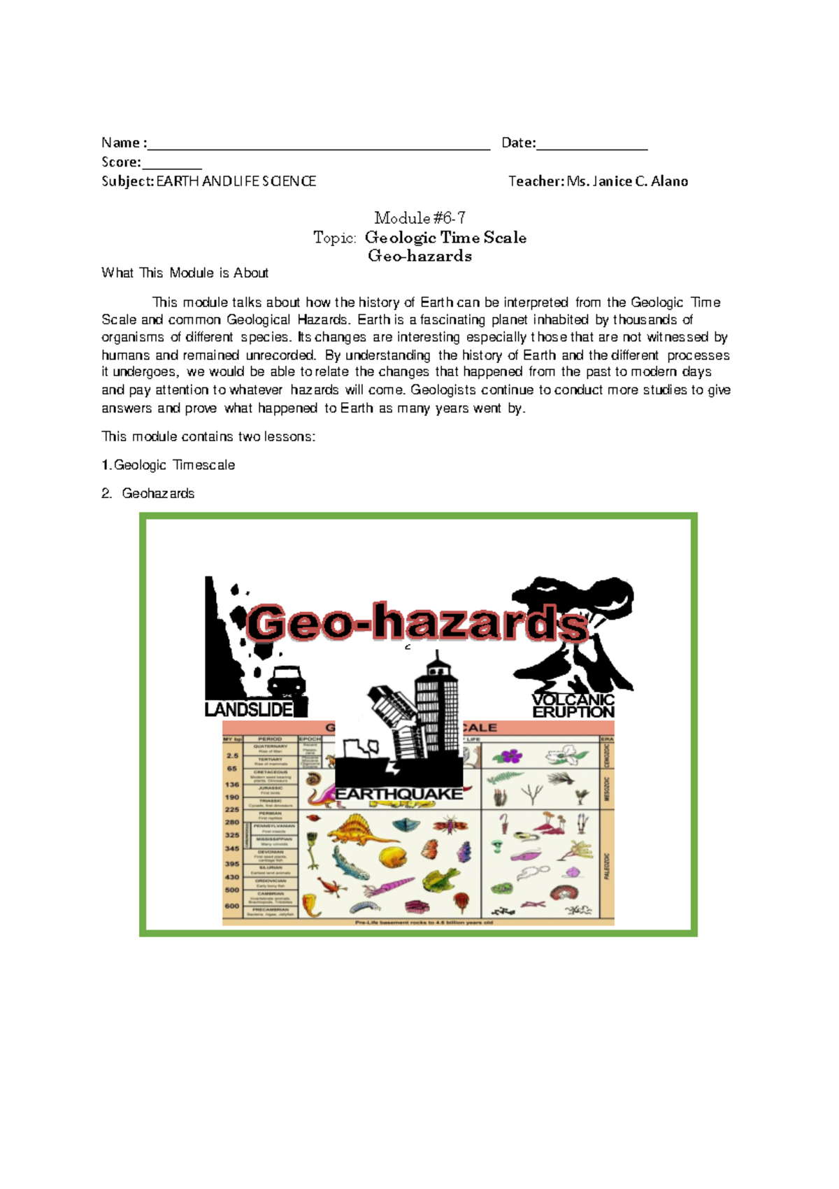 Module-6-7sci - Geological time scale - Geo Hazard - Name - Studocu