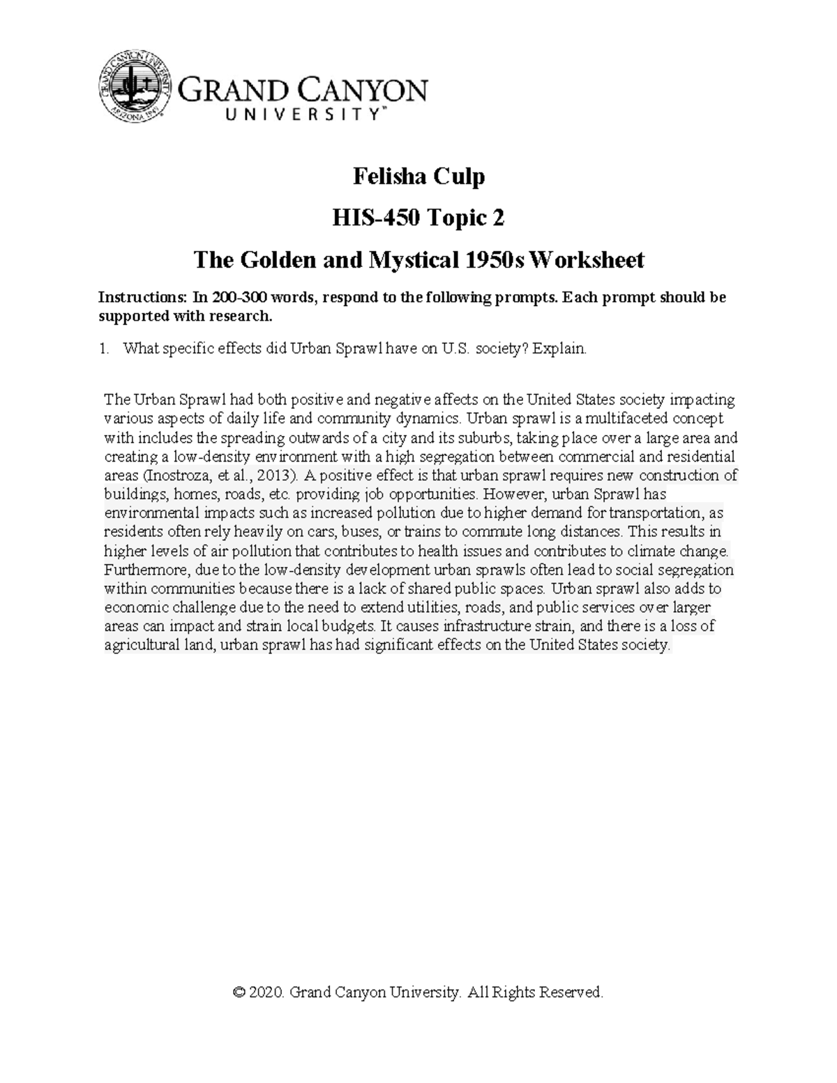 HIS 450 Golden and Mystical 1950s worksheet - Felisha Culp HIS-450 ...