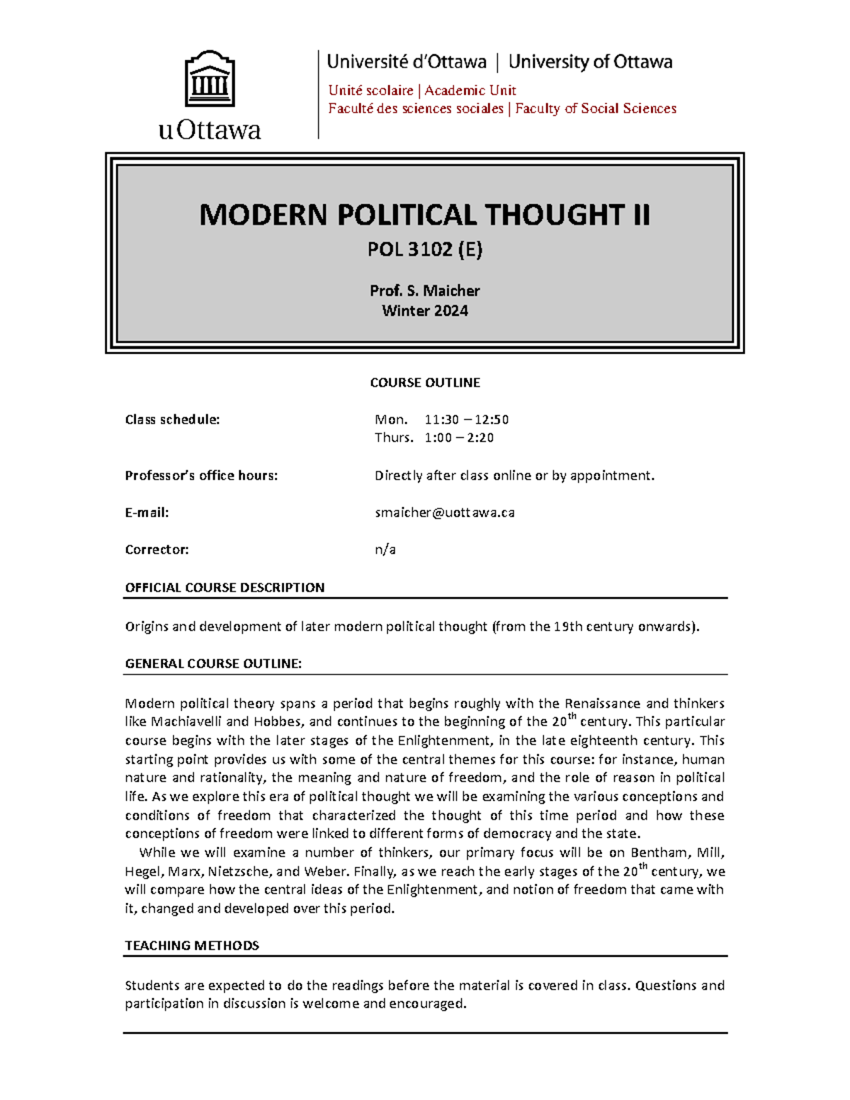 Syllabus POL 3102 - Winter 2024 - Sacha Maischer - MODERN POLITICAL ...