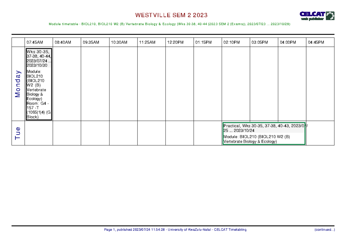 BIOL210TT - practice - WESTVILLE SEM 2 2023 Module timetable - BIOL210 ...