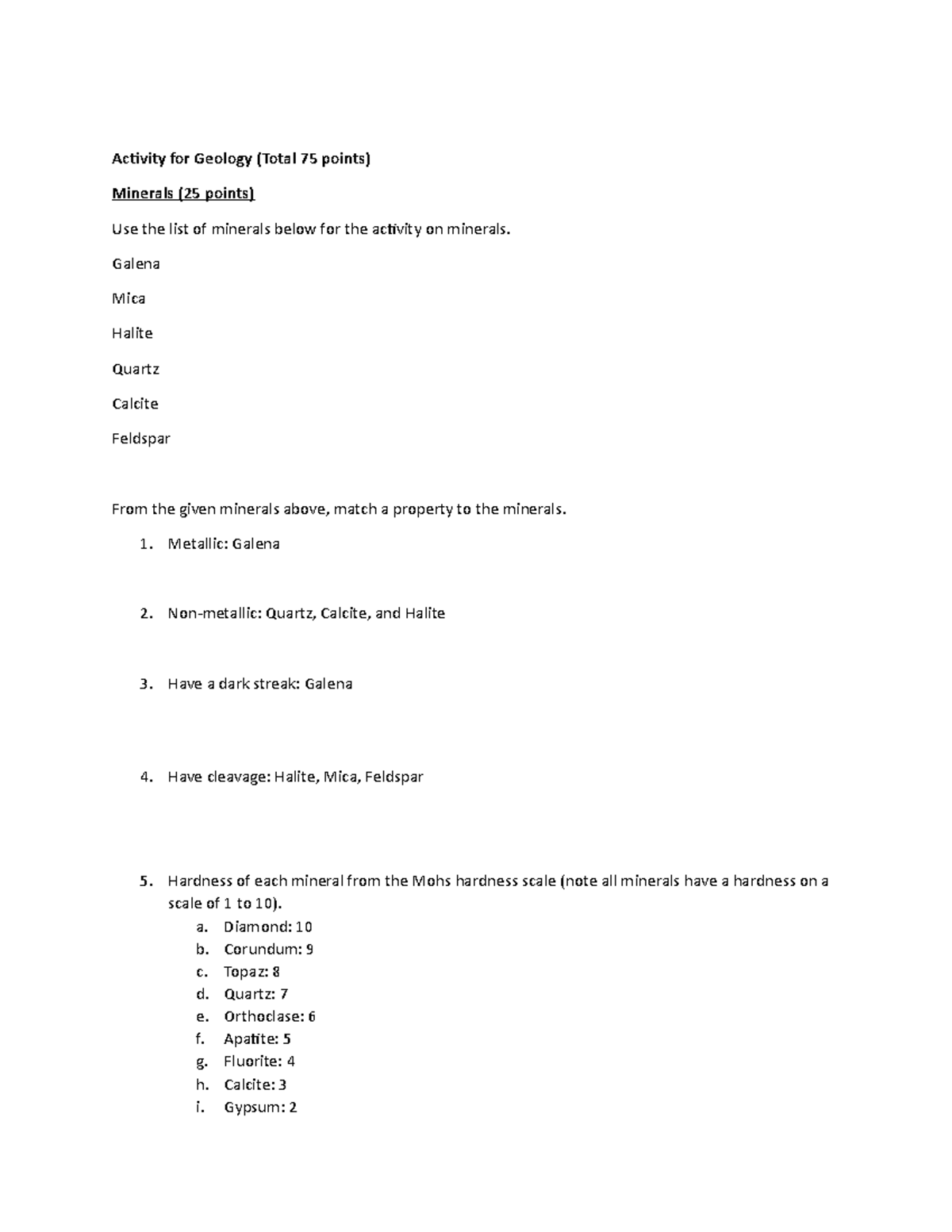 Activity for Geology - Galena Mica Halite Quartz Calcite Feldspar From ...