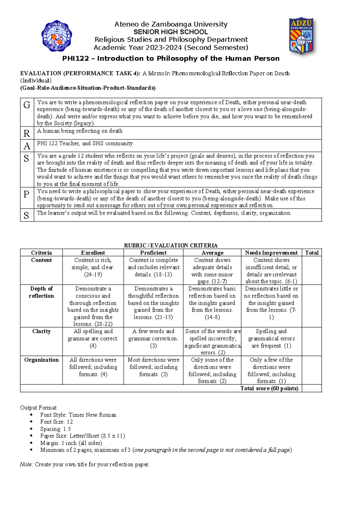 Performance Task 4 Instructions and rubrics - Ateneo de Zamboanga University SENIOR HIGH SCHOOL ...