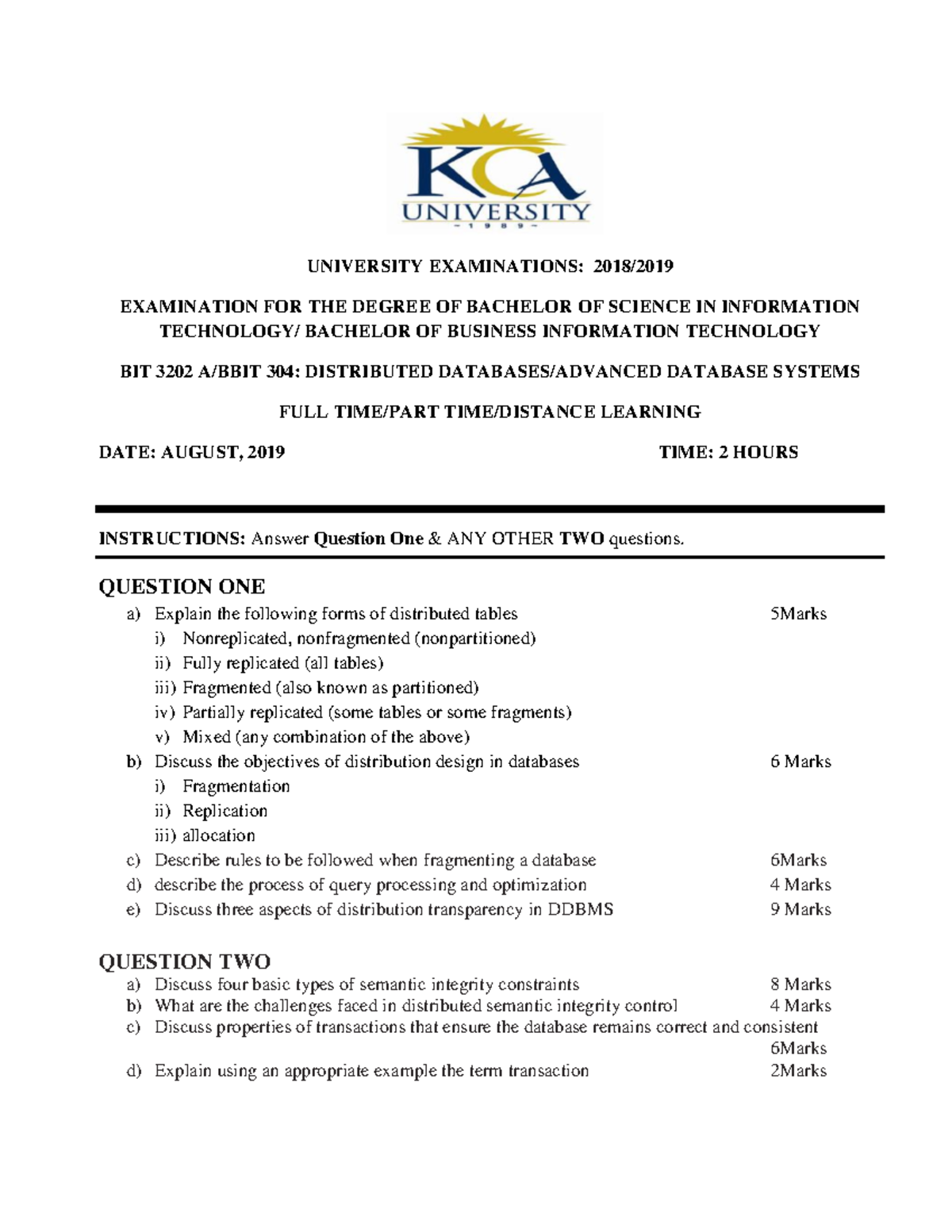 BIT3202A BBIT304 Distributed Databases, Advanced Database Systems - UNIVERSITY EXAMINATIONS ...