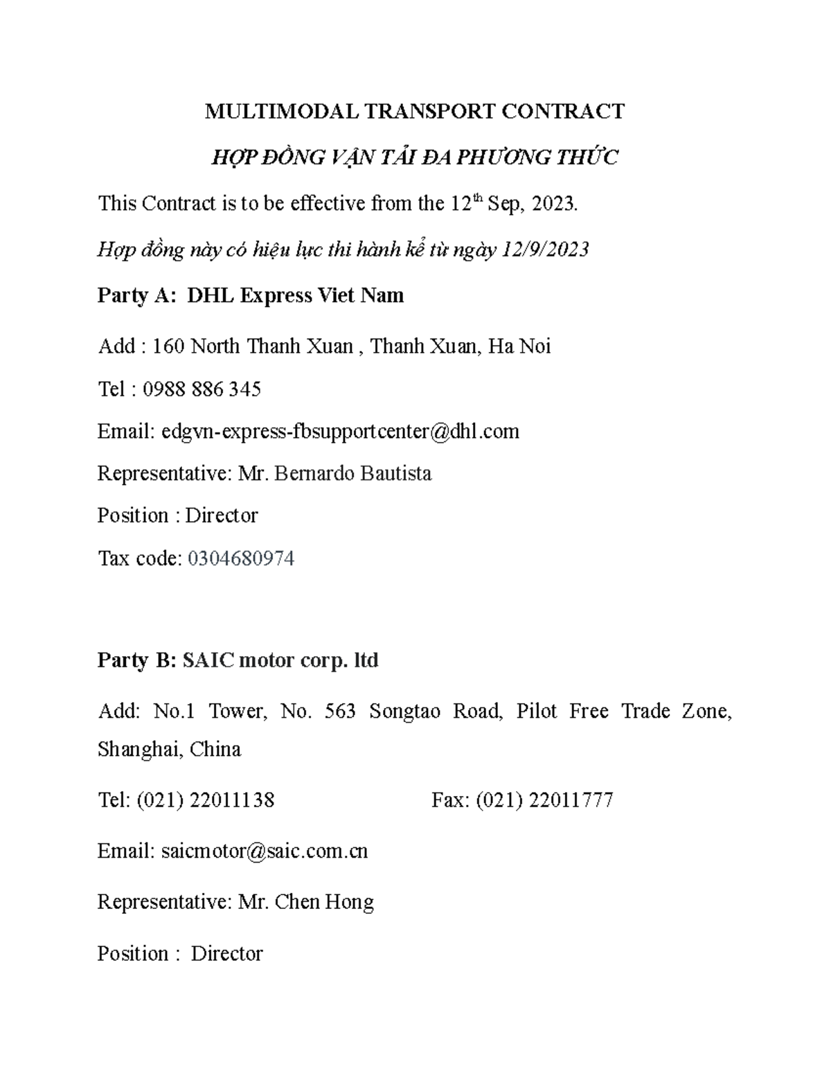 Multimodal Transport Contract - MULTIMODAL TRANSPORT CONTRACT HỢP ĐỒNG ...