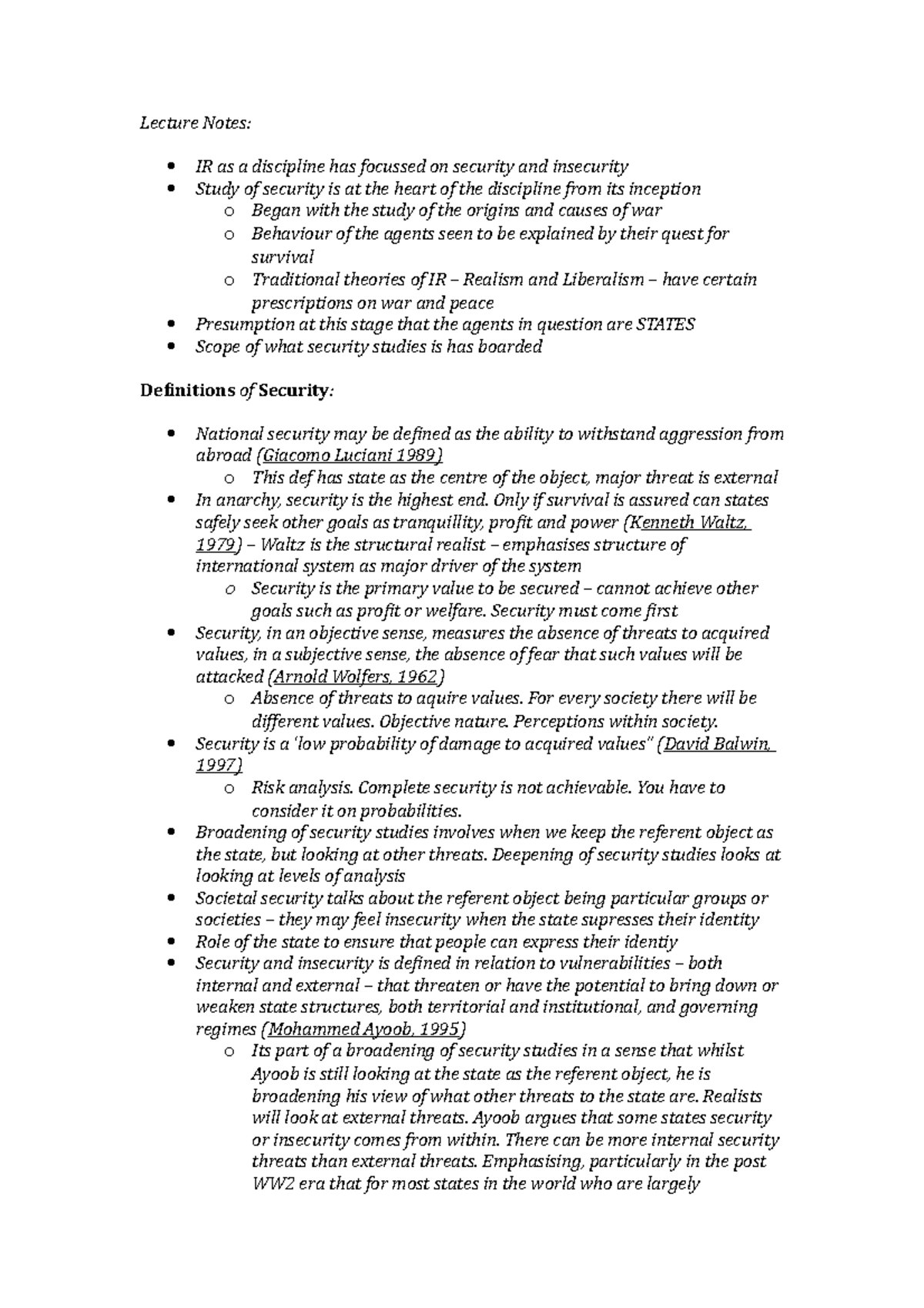 Week 6 Notes - Lecture Notes: IR as a discipline has focussed on ...