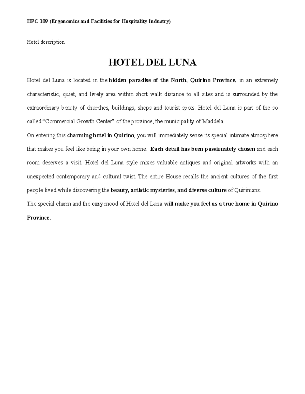 Hotel description and Knowledge on Interior Design - HPC 109 ...