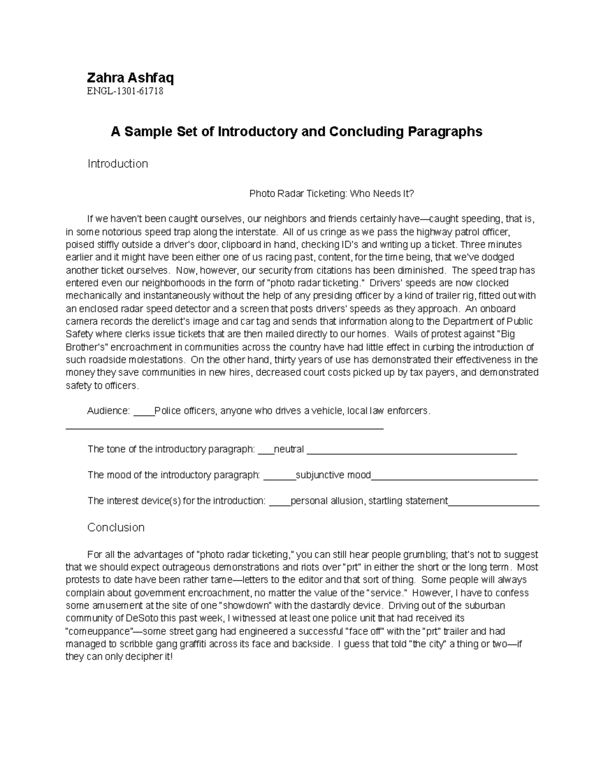 A Sample Set of Introductory and Concluding Paragraphs - Zahra Ashfaq ...