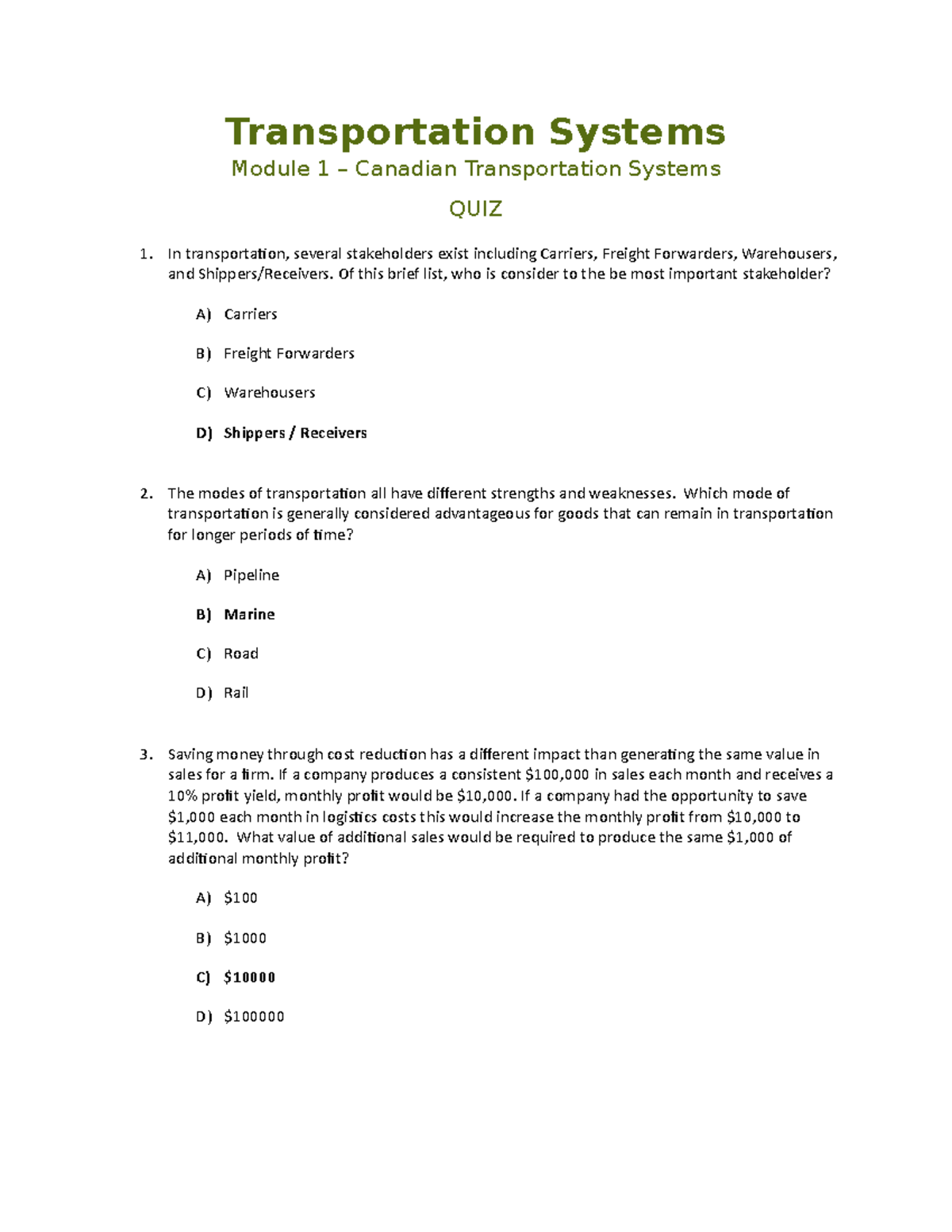 TS Quiz 01 - Canadian Transportation Systems - Transportation Systems ...