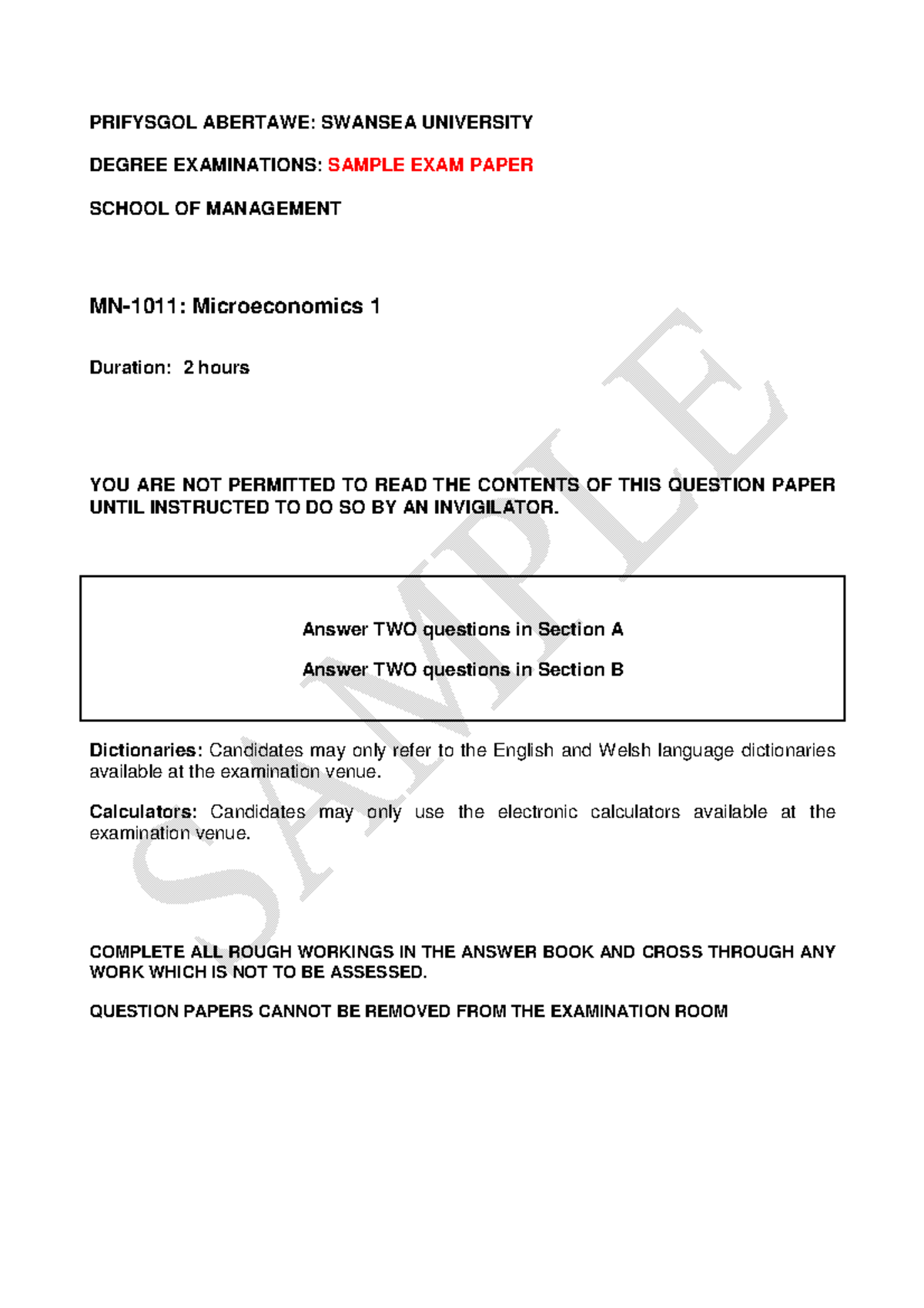 Exam 2015, questions - PRIFYSGOL ABERTAWE: SWANSEA UNIVERSITY DEGREE ...