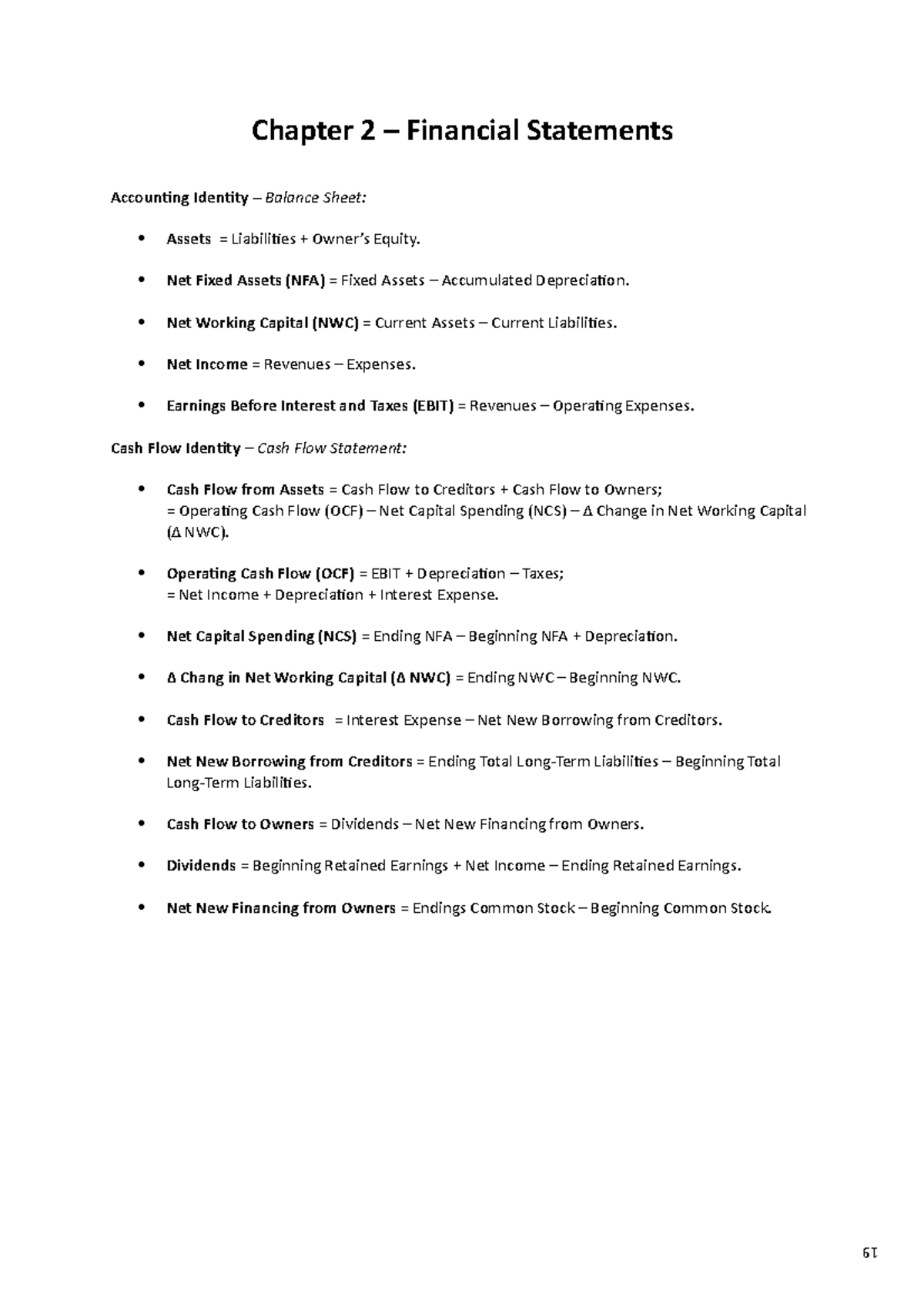 Frm - Important Formulas - Chapter 2 Financial Statements Accounting ...