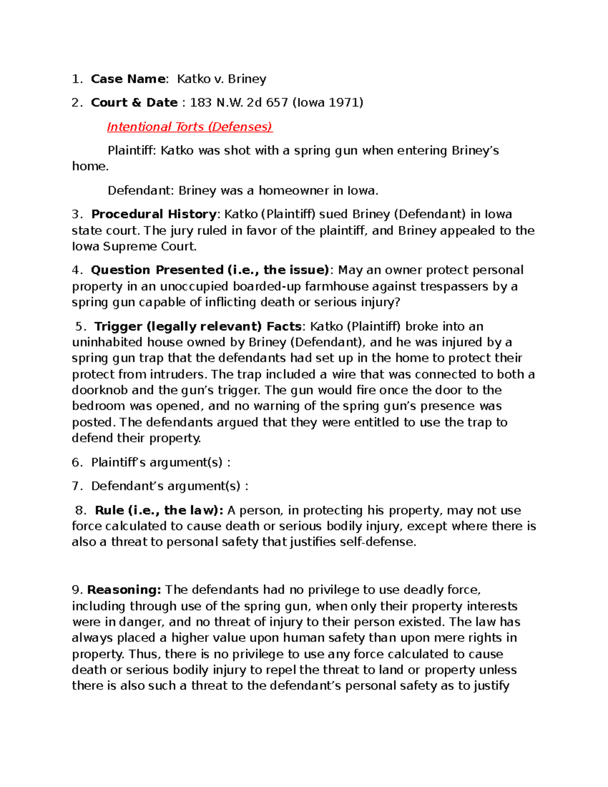 De May v. Roberts - case brief - Case Name: Katko v. Briney Court ...