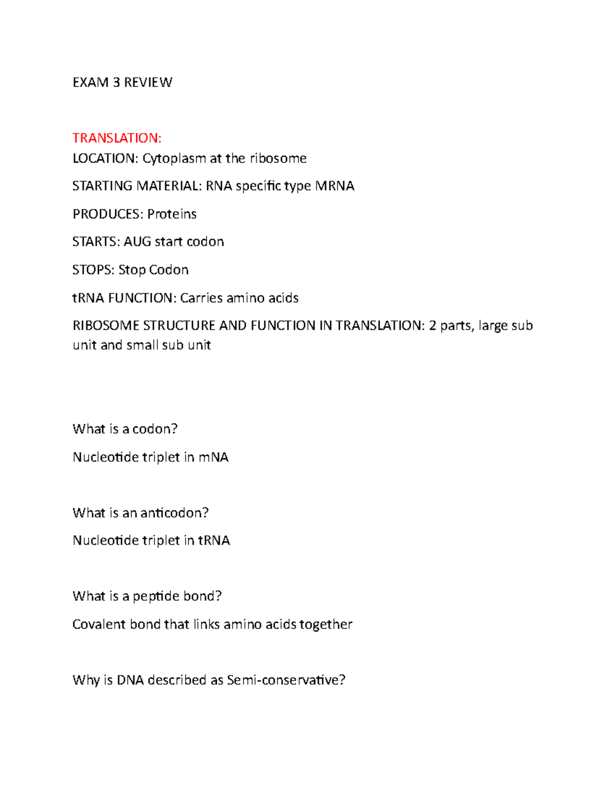 Updated Review for Exam 3 Bio - EXAM 3 REVIEW TRANSLATION: LOCATION ...
