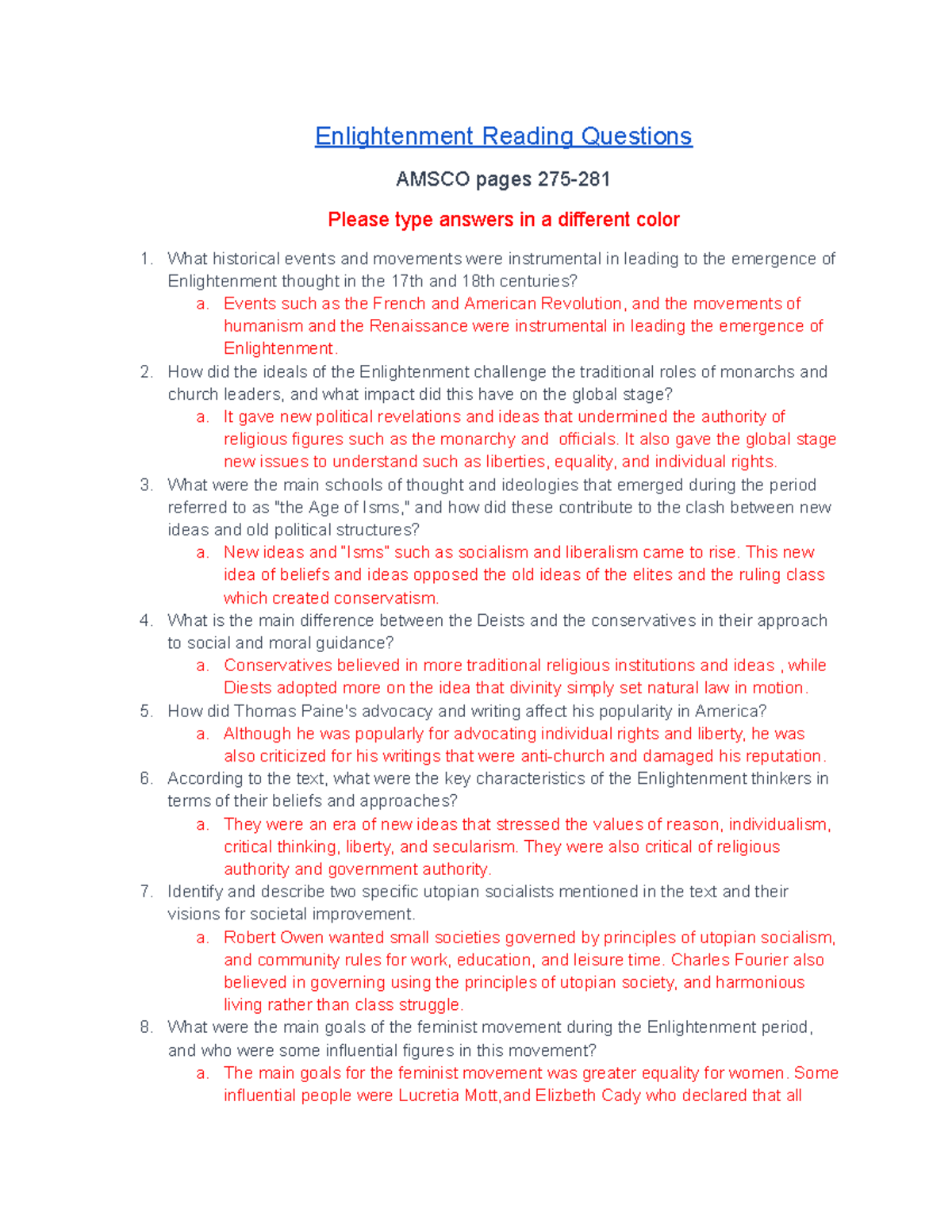 Enlightenment Reading Questions - What historical events and movements ...