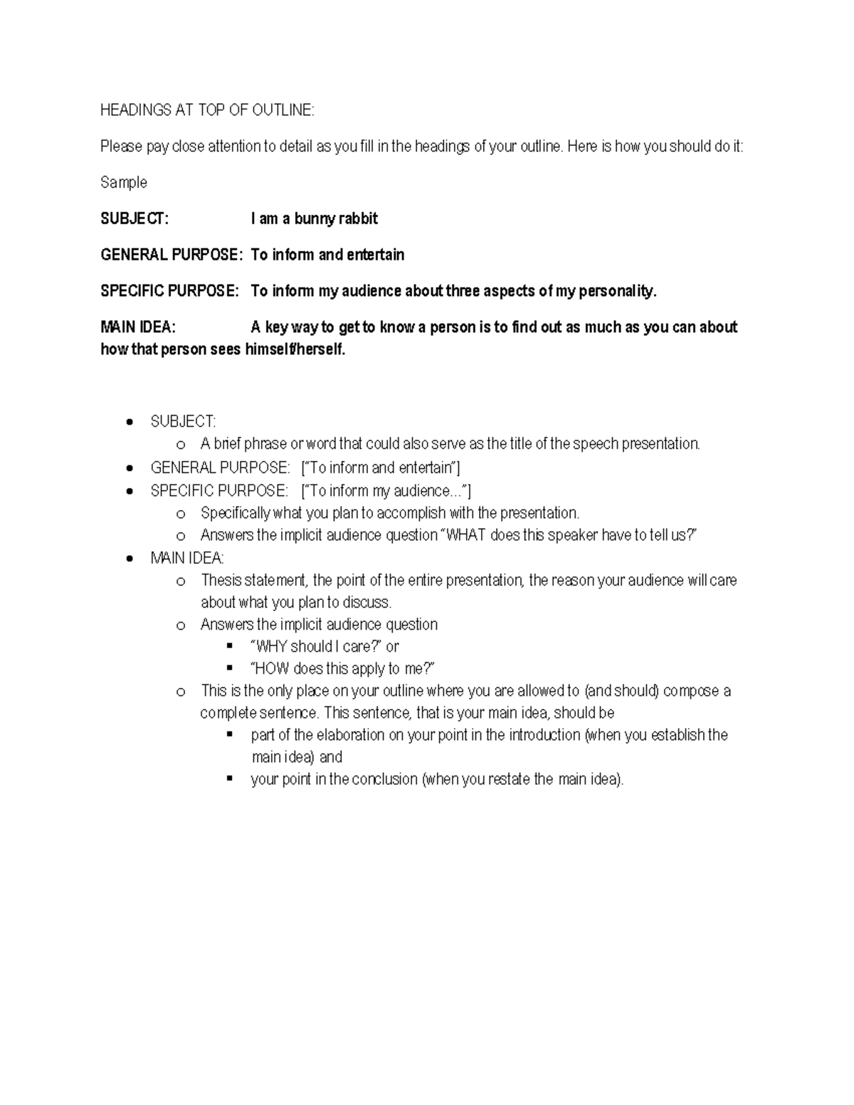 Speech- How to make your Headings - HEADINGS AT TOP OF OUTLINE: Please ...