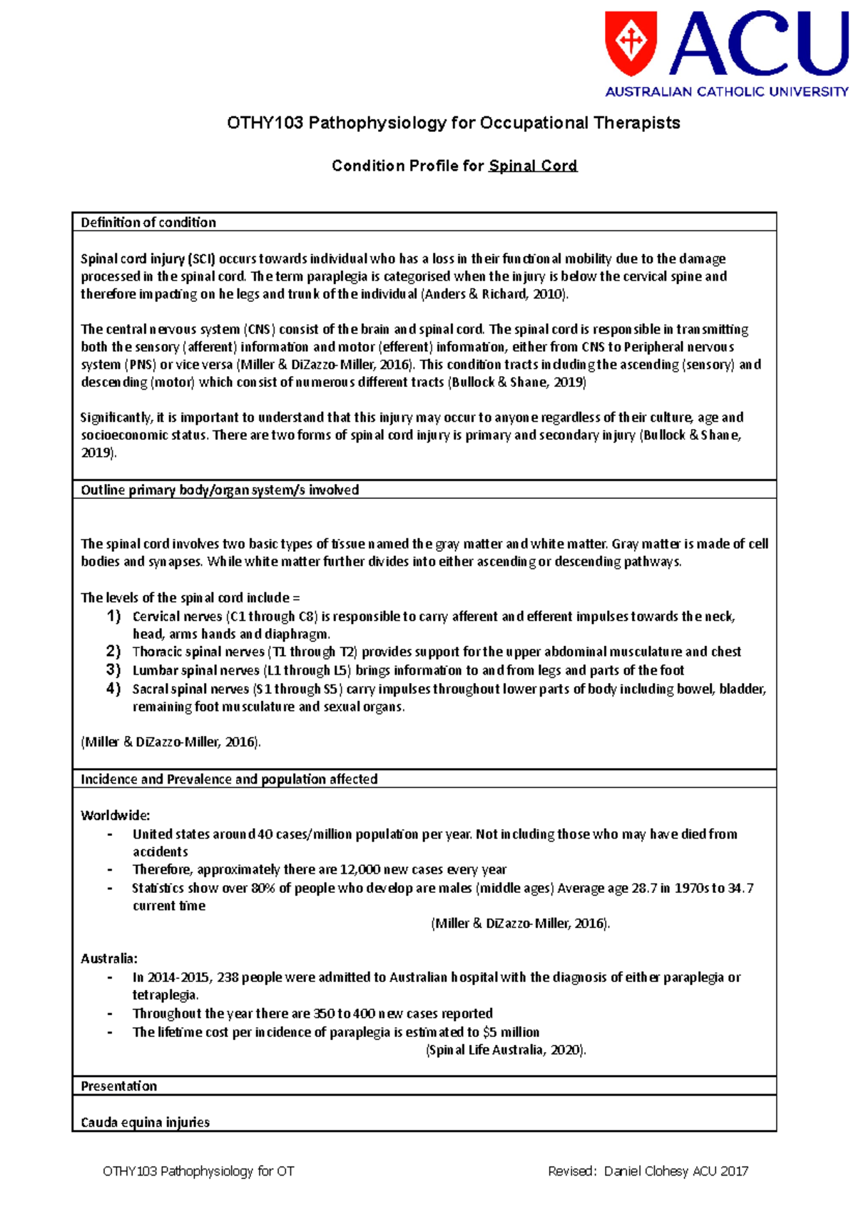 Condition Profile (SCI) - OTHY103 Pathophysiology for Occupational ...