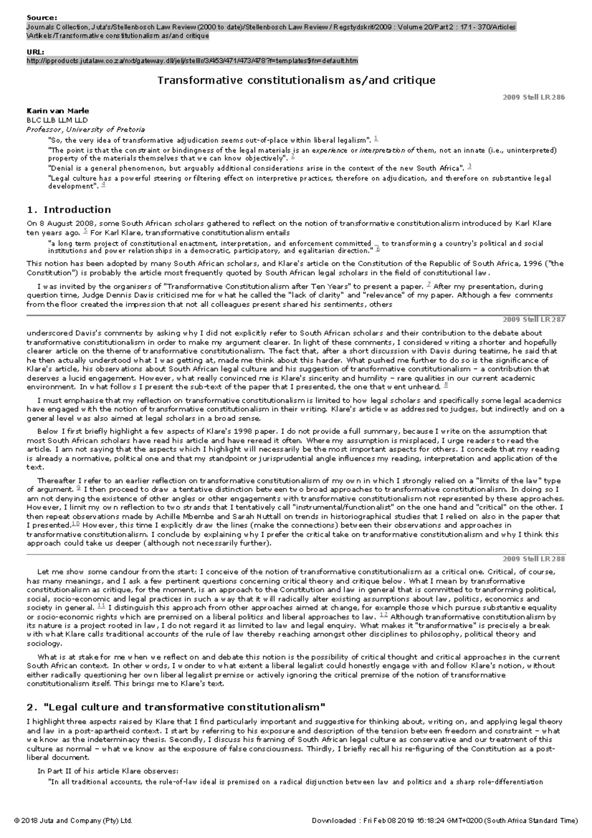 Transformative constitutionalism as and critique - - Studocu