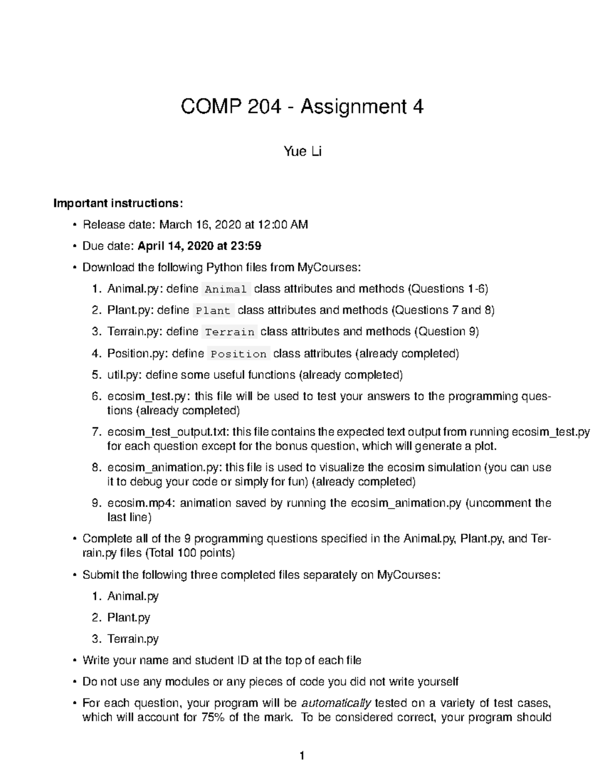 COMP 204 - Assignment 4 - COMP 204 - Assignment 4 Yue Li Important ...