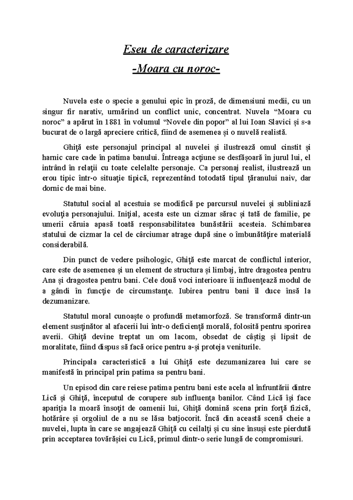 Eseu de caracterizare Ghiță - Eseu de caracterizare -Moara cu noroc ...