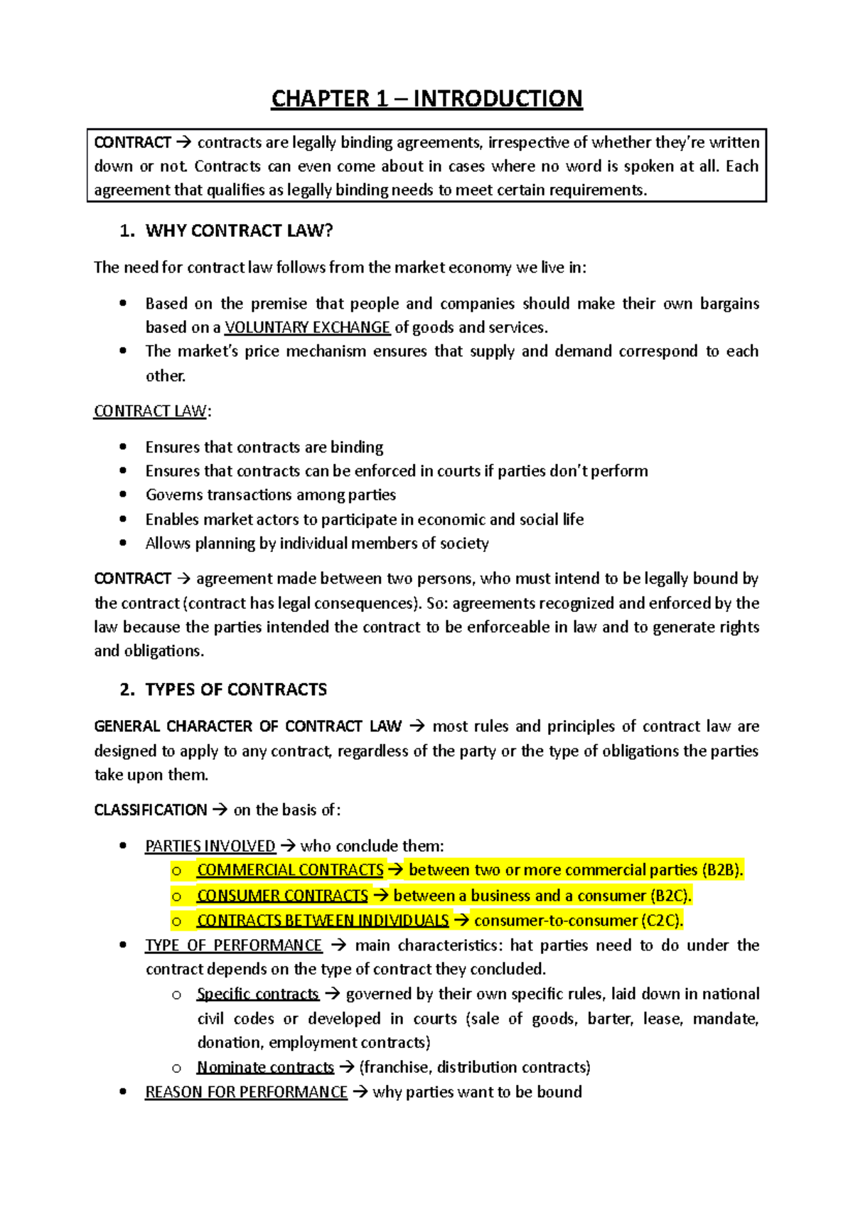 Chapter 1 - nothing to describe - CHAPTER 1 – INTRODUCTION CONTRACT contracts are legally ...